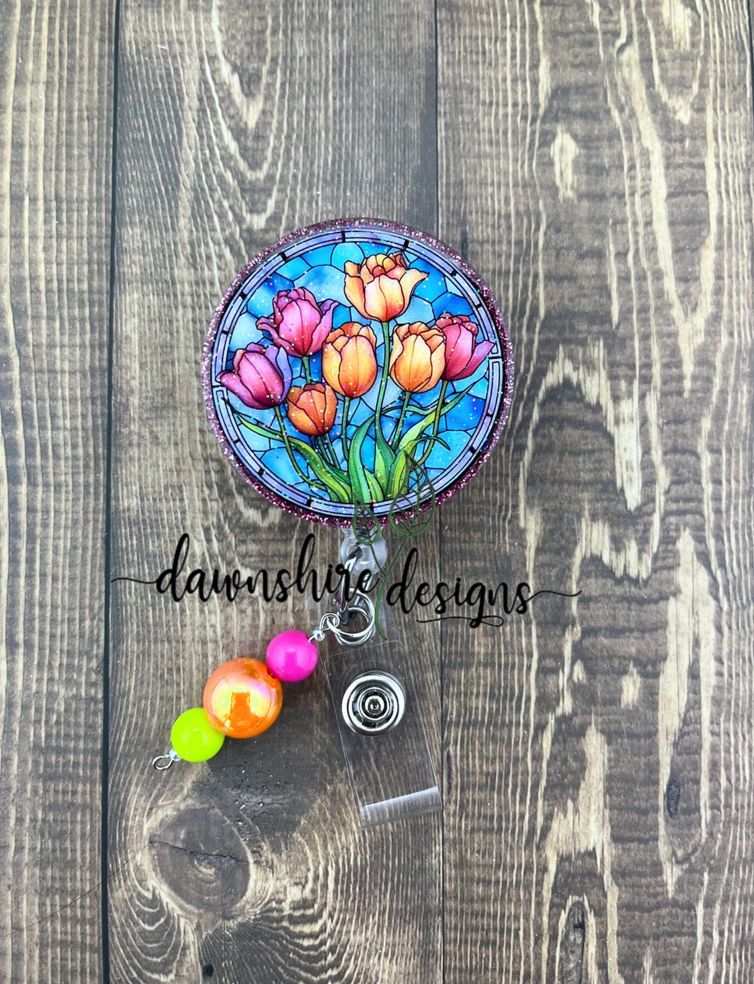 Tulip Stained Glass Badge Reel, Flower Badge Holder, Beaded Badge ...