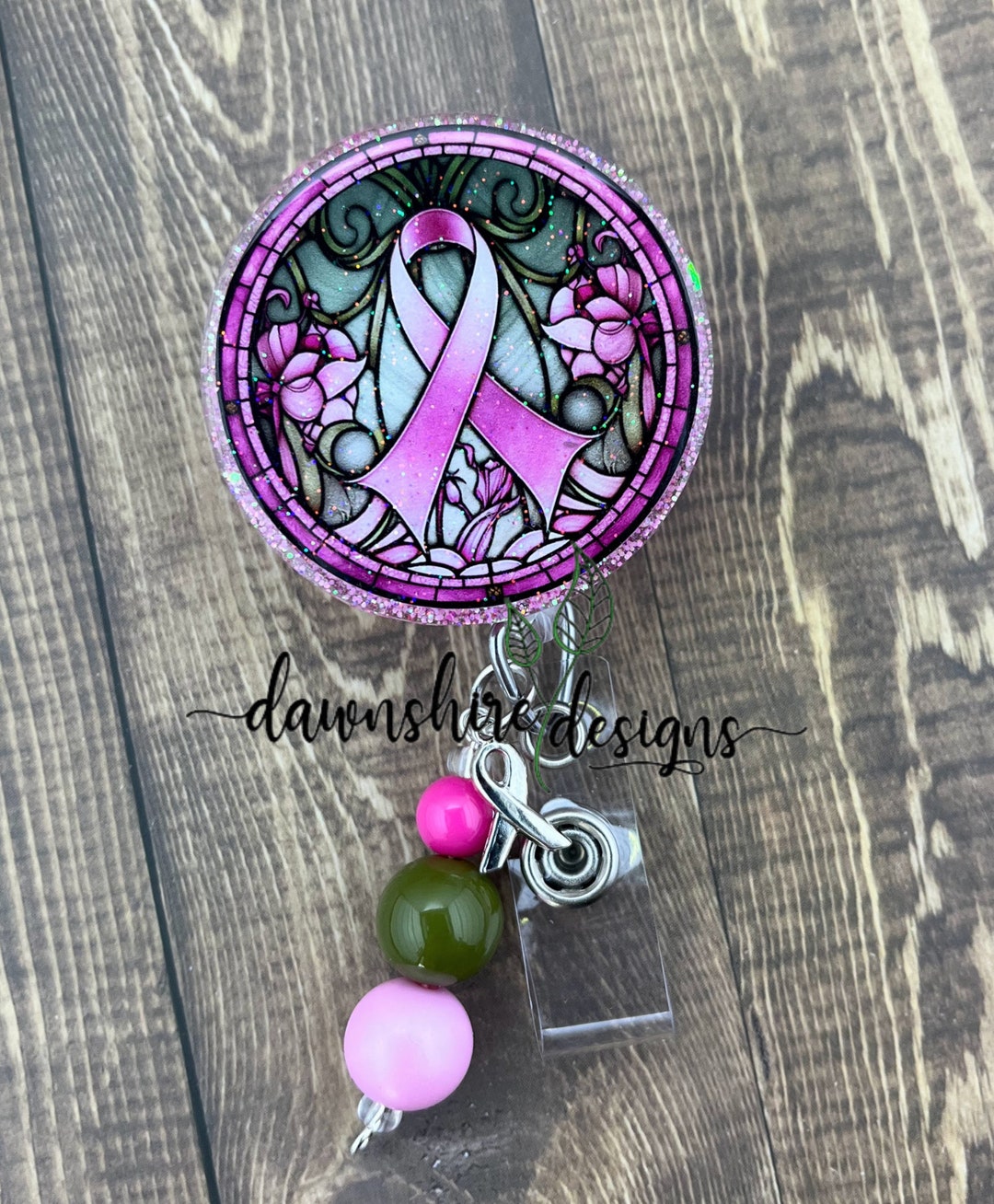 Pink Ribbon Badge Reel, Breast Cancer Awareness Badge Reel, Beaded ...