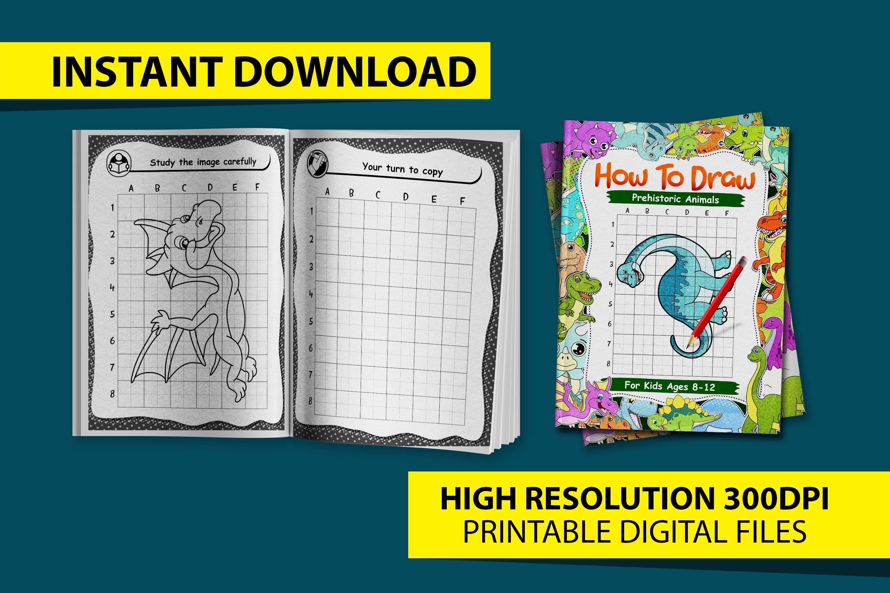 How to Draw Prehistoric Animals for Kids Ages 8-12 Grid Copy Drawing ...