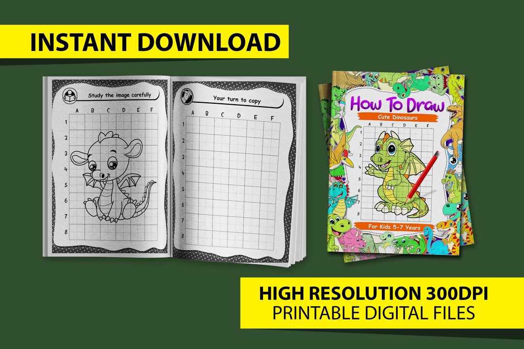 How to Draw Cute Dinosaurs for Kids 5-7 Years Grid Copy Drawing ...