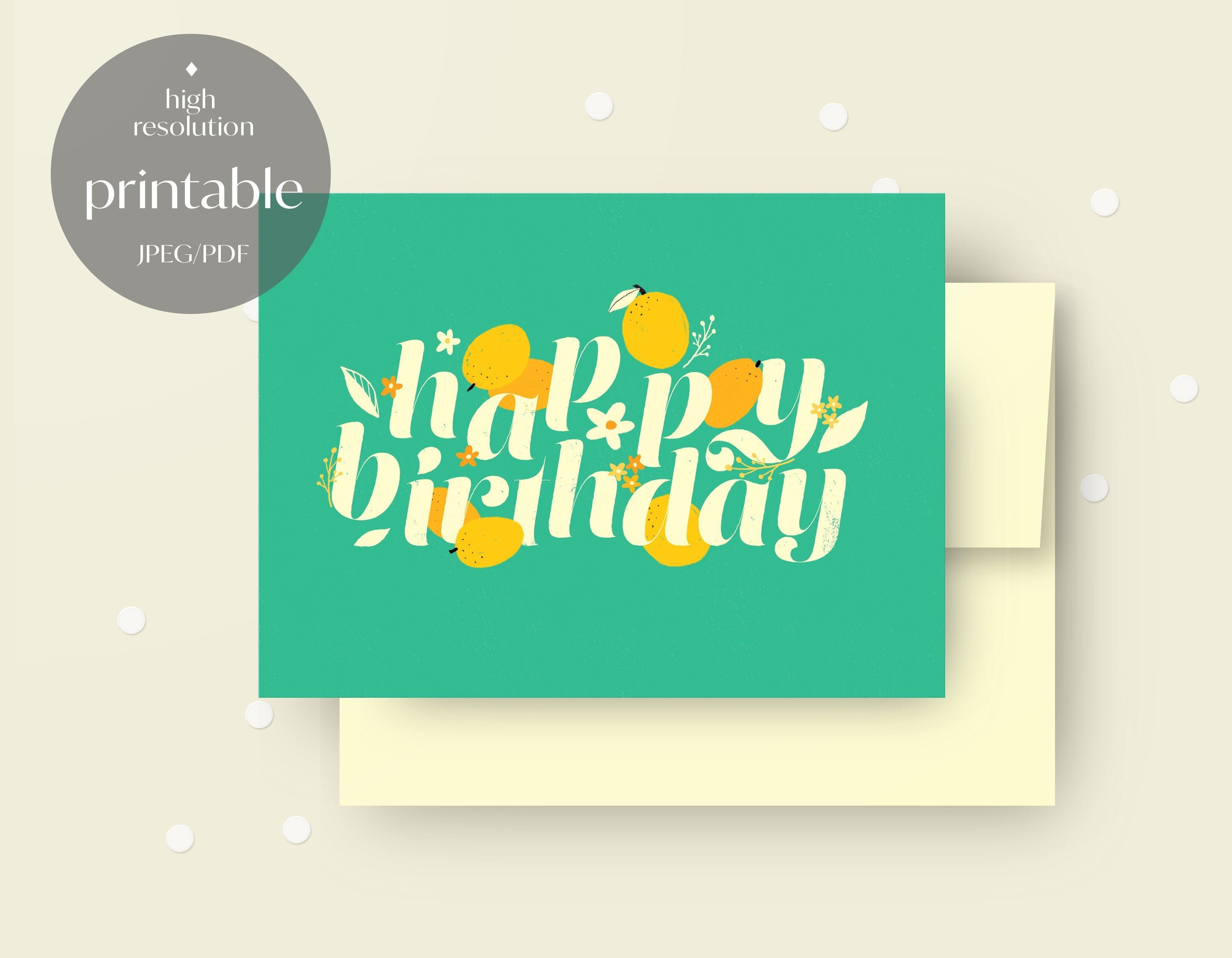 Vintage Green Printable Birthday Greeting Card, Orange, Fruit, Flower ...