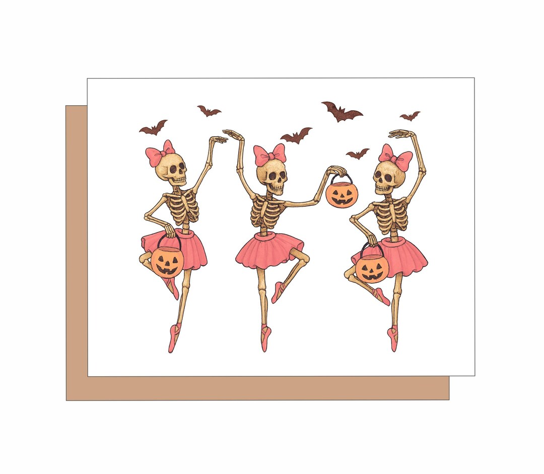 Dancing Skeleton Ghouls Halloween Card: Pink Pumpkins, Bats - Etsy