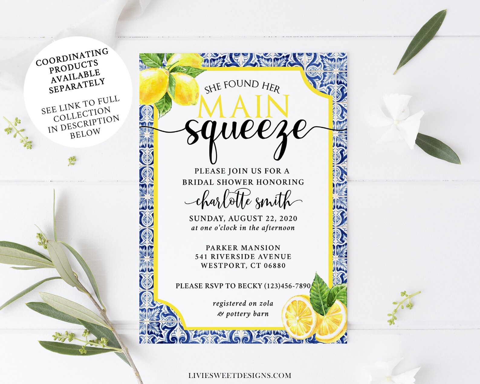 Italian Positano Blue Tile Bridal Shower Recipe Card Citrus | Etsy