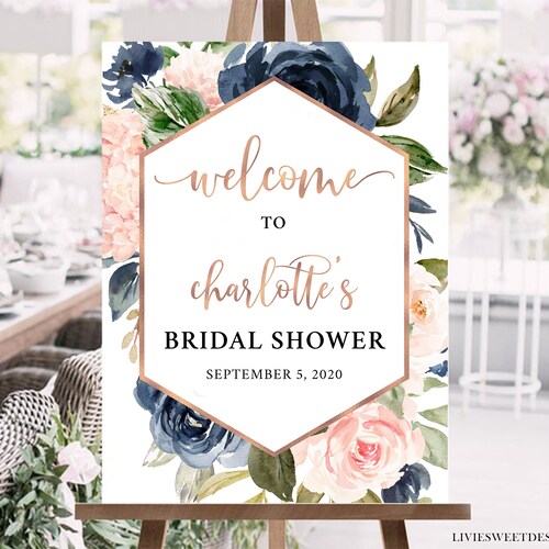 Navy Blush Floral Bridal Shower Banner Letters Printable Blue - Etsy