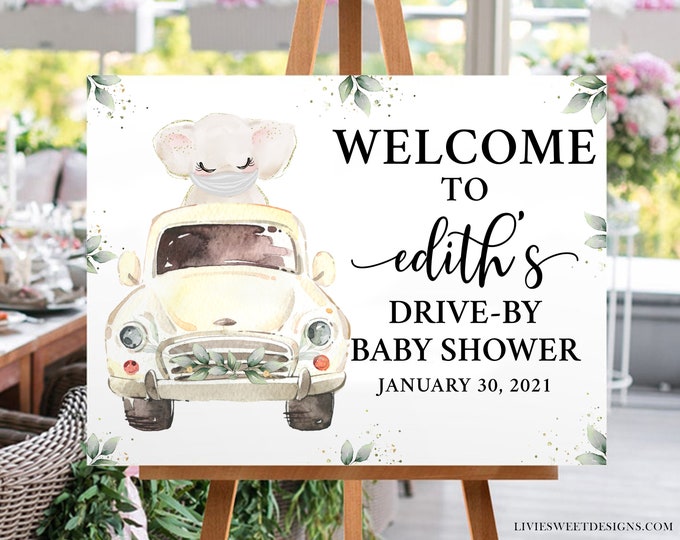 Drive by Baby Shower Welcome Sign Printable • Editable Sign • Elephant ...