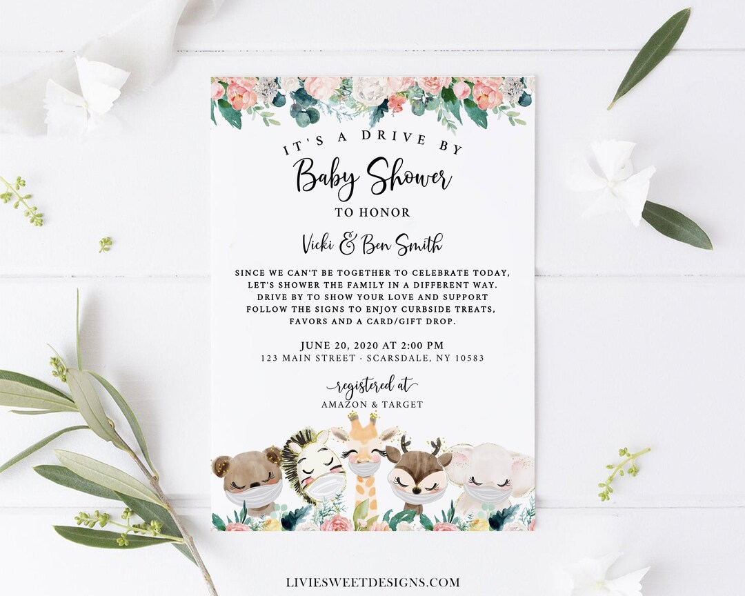 Drive by Baby Shower Invitation • Masked Quarantine Baby Animal ...