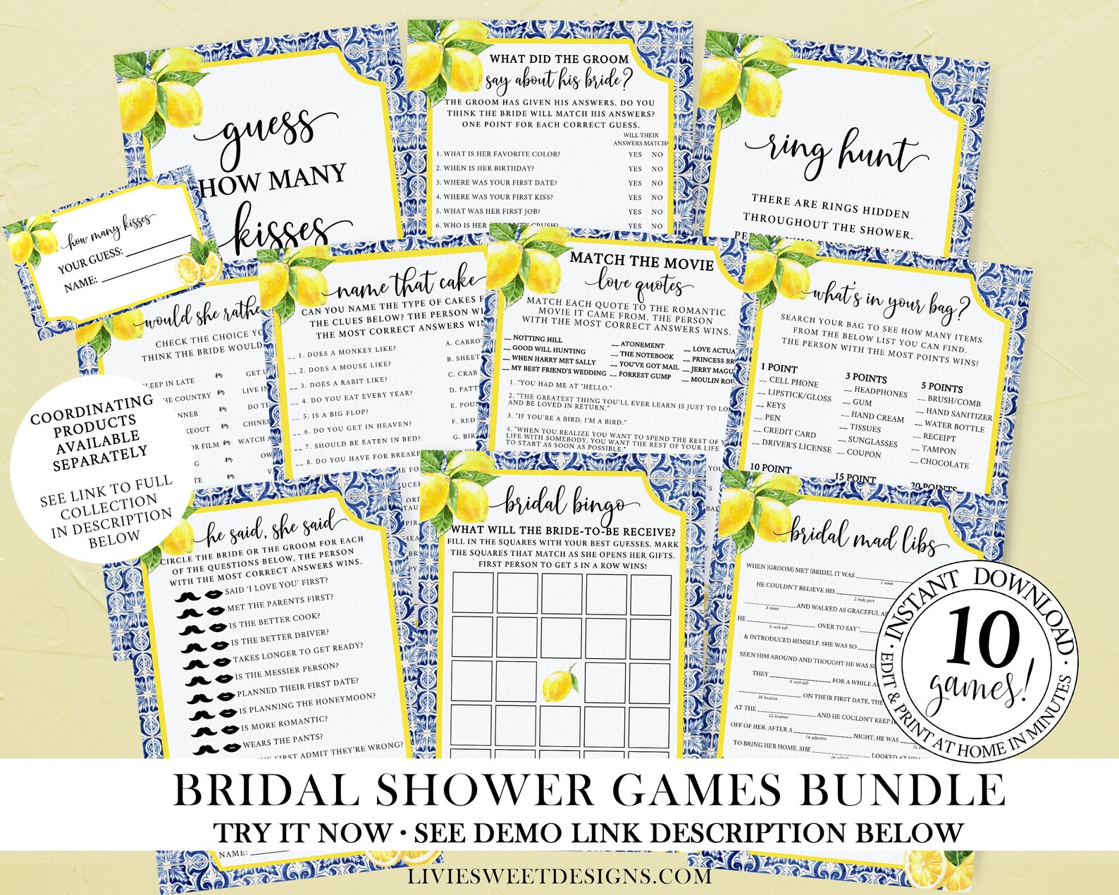 Italian Positano Blue Tile Bridal Shower Recipe Card Citrus | Etsy