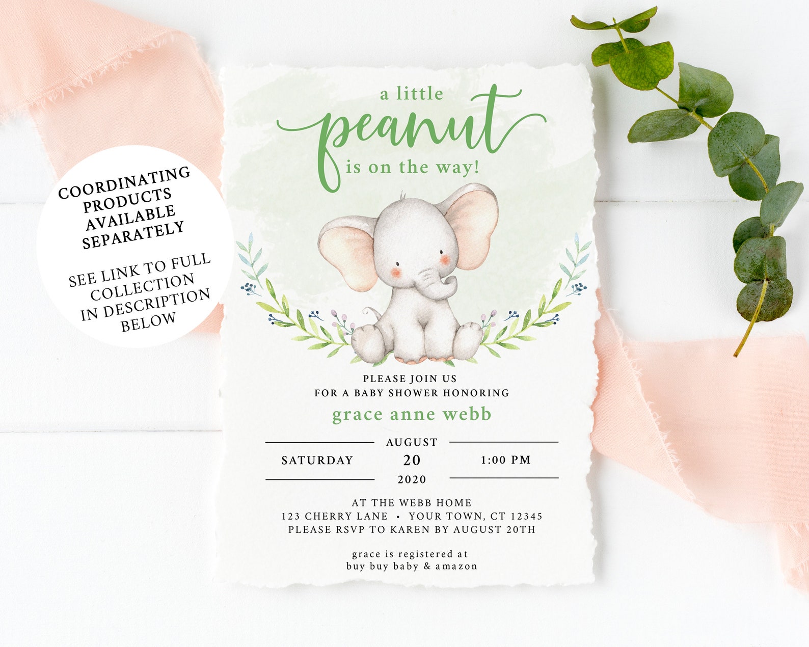 Neutral Baby Shower by Mail Invitation Elephant Baby Long | Etsy