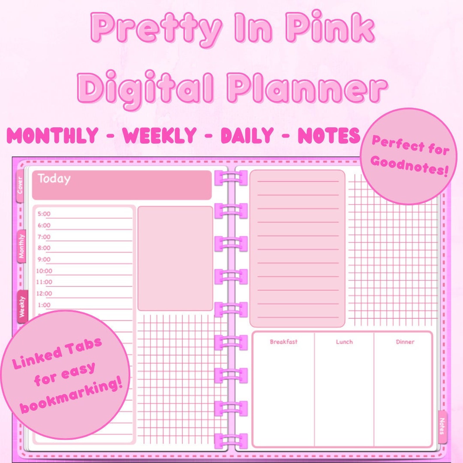 Pretty in Pink Digital Planner, Undated Goodnotes Kawaii Digital ...