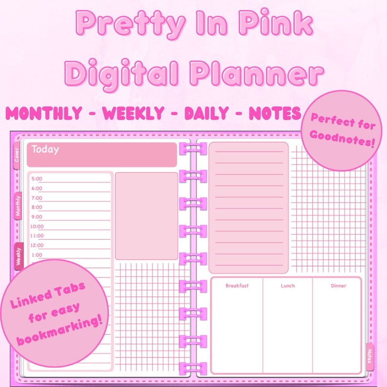 Pretty in Pink Digital Planner, Undated Goodnotes Kawaii Digital ...