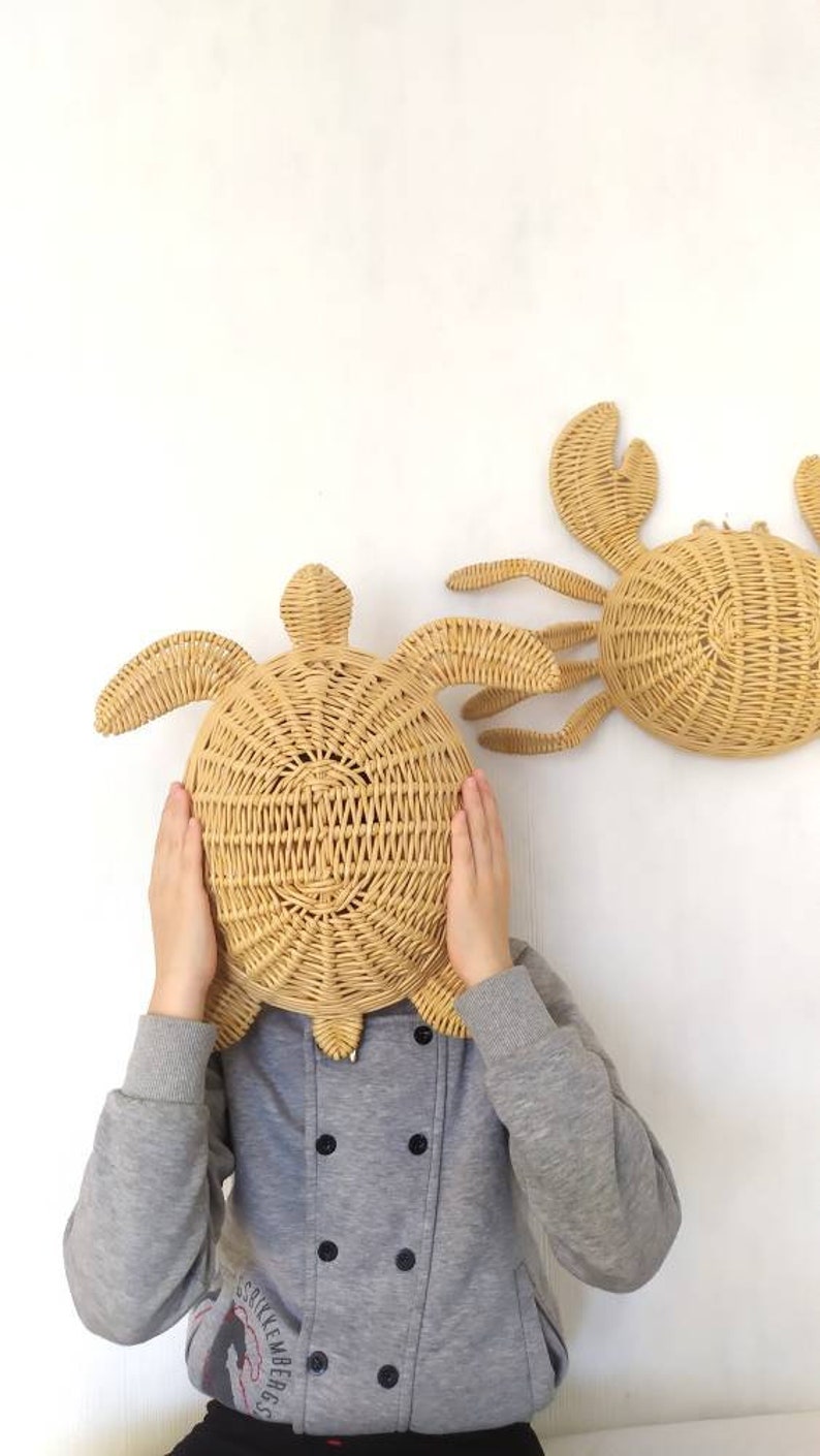 Set of 3 Wicker Turtle Crab Seahorse Hanging Decors, Wicker Nautical ...