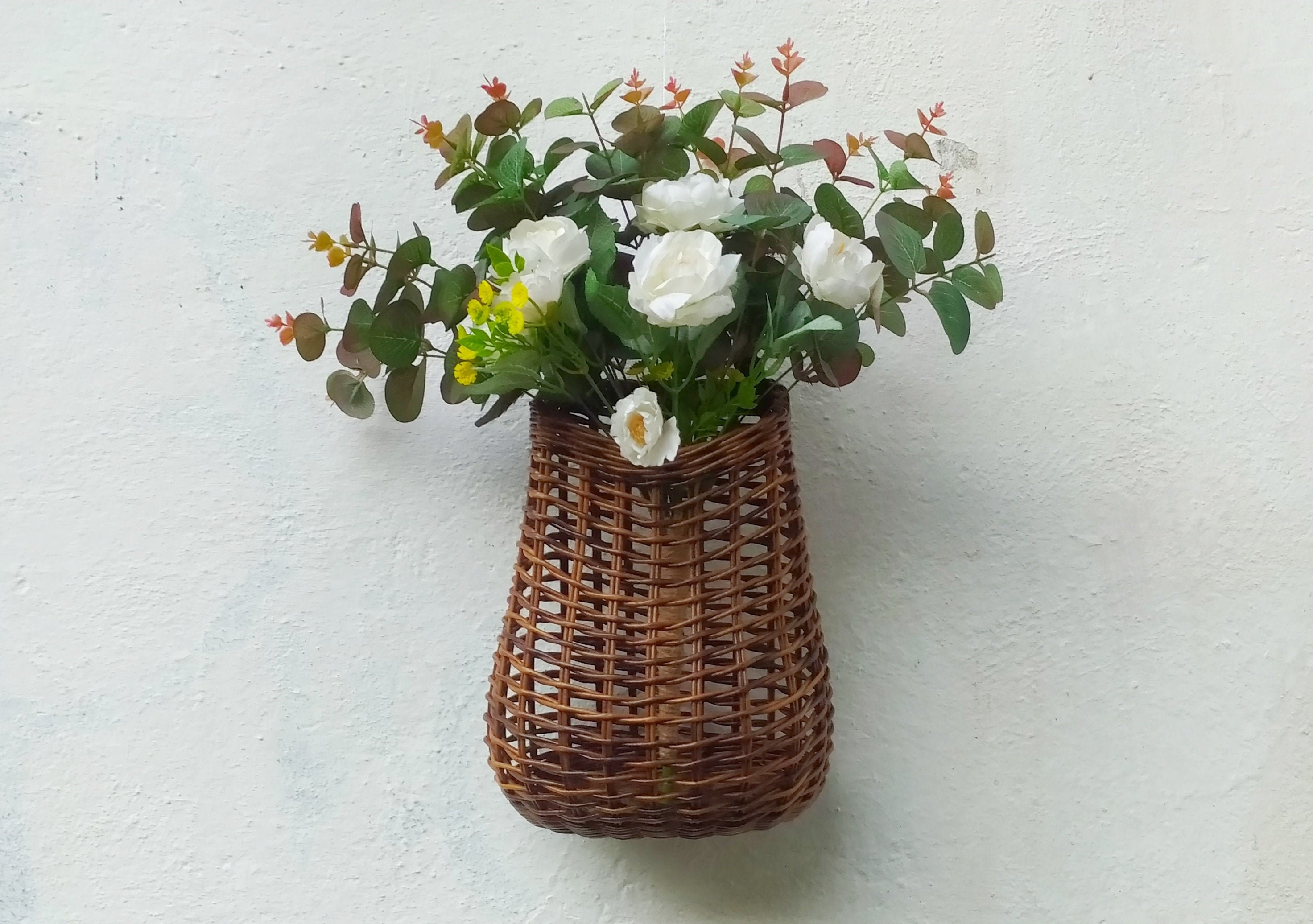 Hanging basket for a wicker door with flower. Brown wicker | Etsy