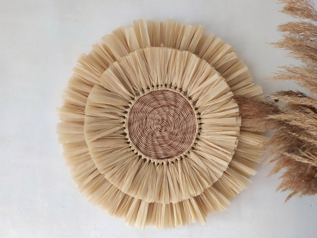 Melange Wicker Plate Wall Decor With Raffia, Round Wicker Plate Boho ...