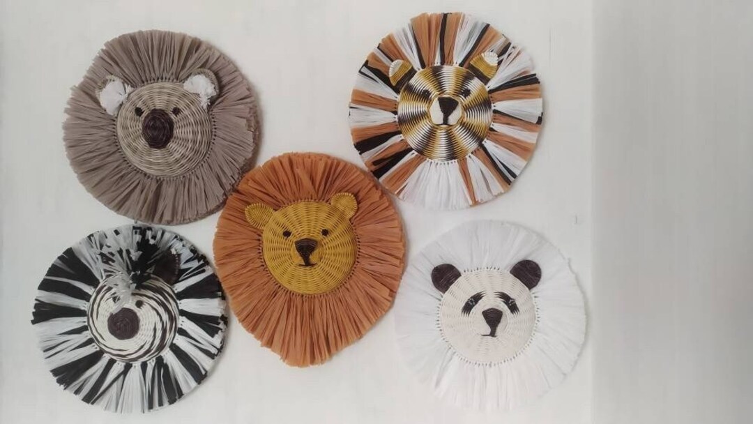 Set of 5 Safari Animal Heads, Nursery Wicker Boho Decor, Nursery Raffia ...