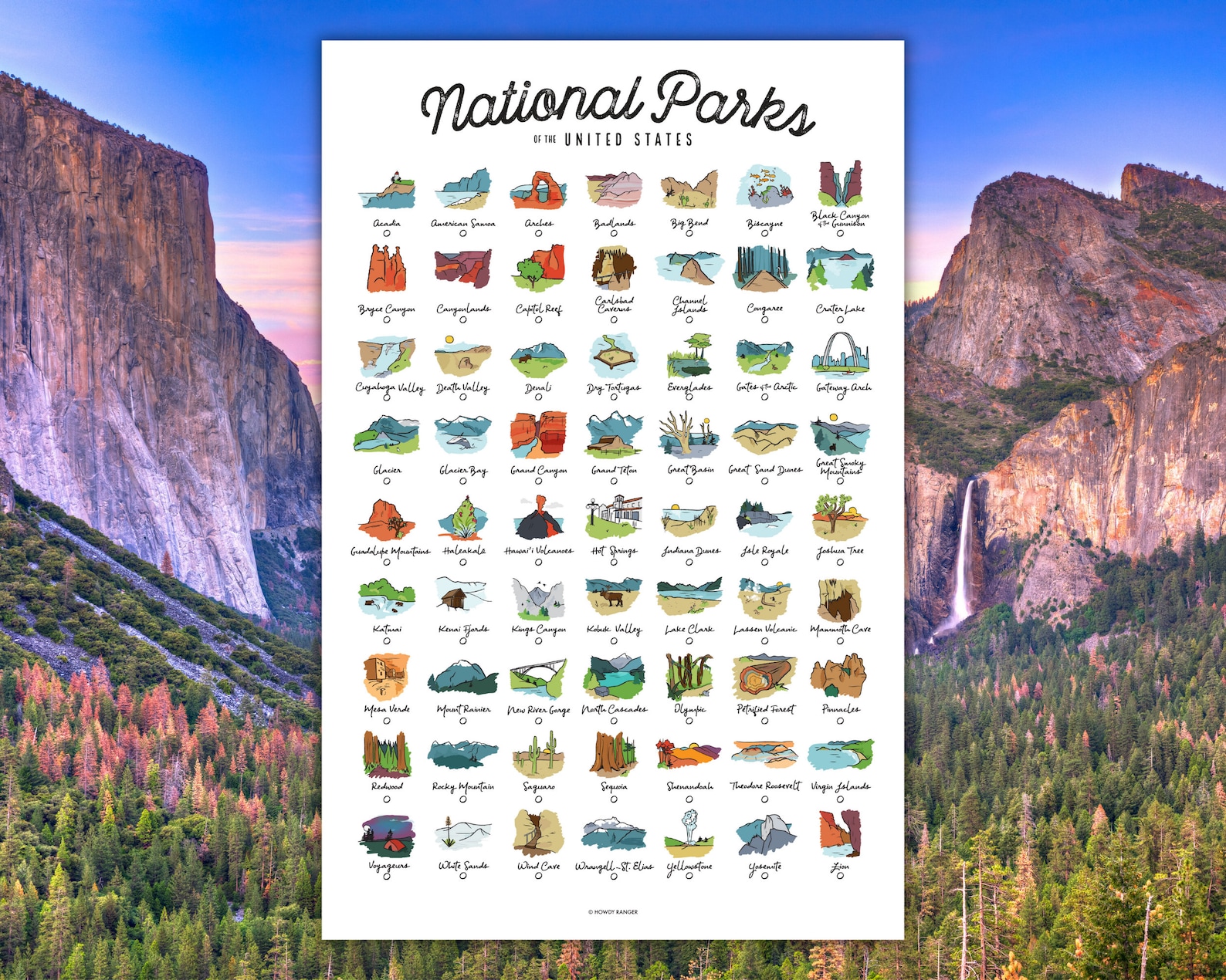 63 National Parks Checklist Poster - Unique & Colorful Illustrations ...