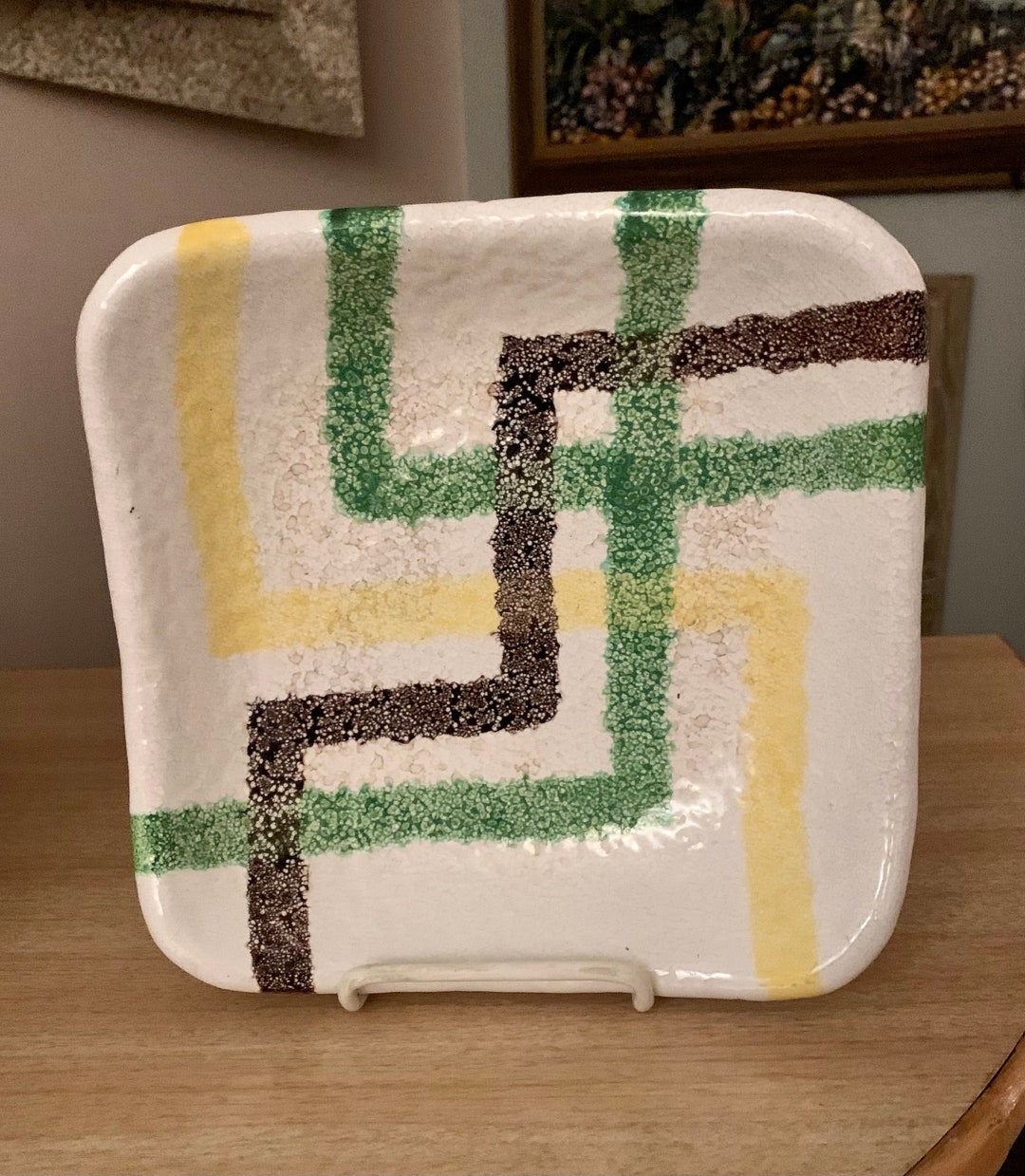 Circa 1950’s Large 8” Square Heavy Pottery Dish With Black, Yellow and ...