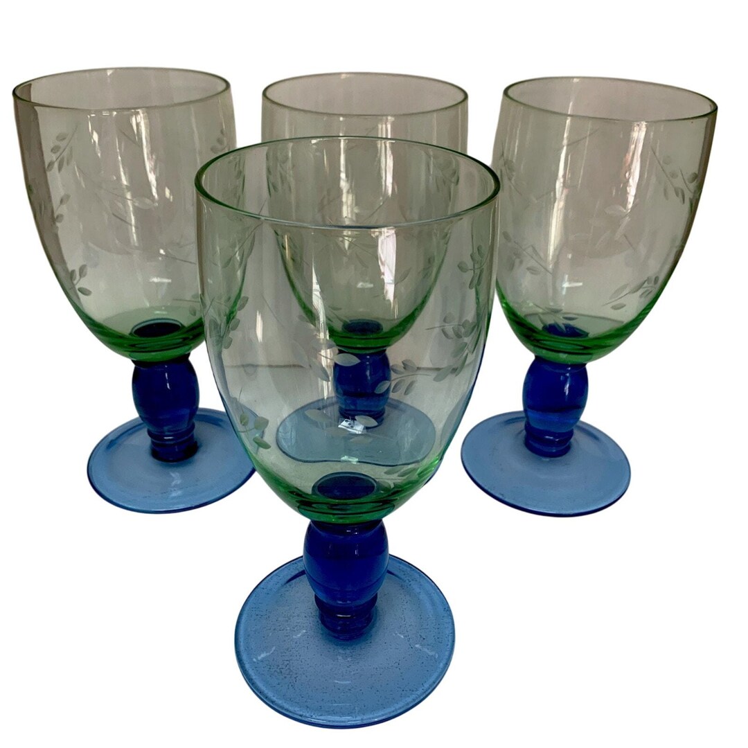 4 Pfaltzgraff Summer Breeze Iced Tea Glasses Etched Green Blue Stemware ...