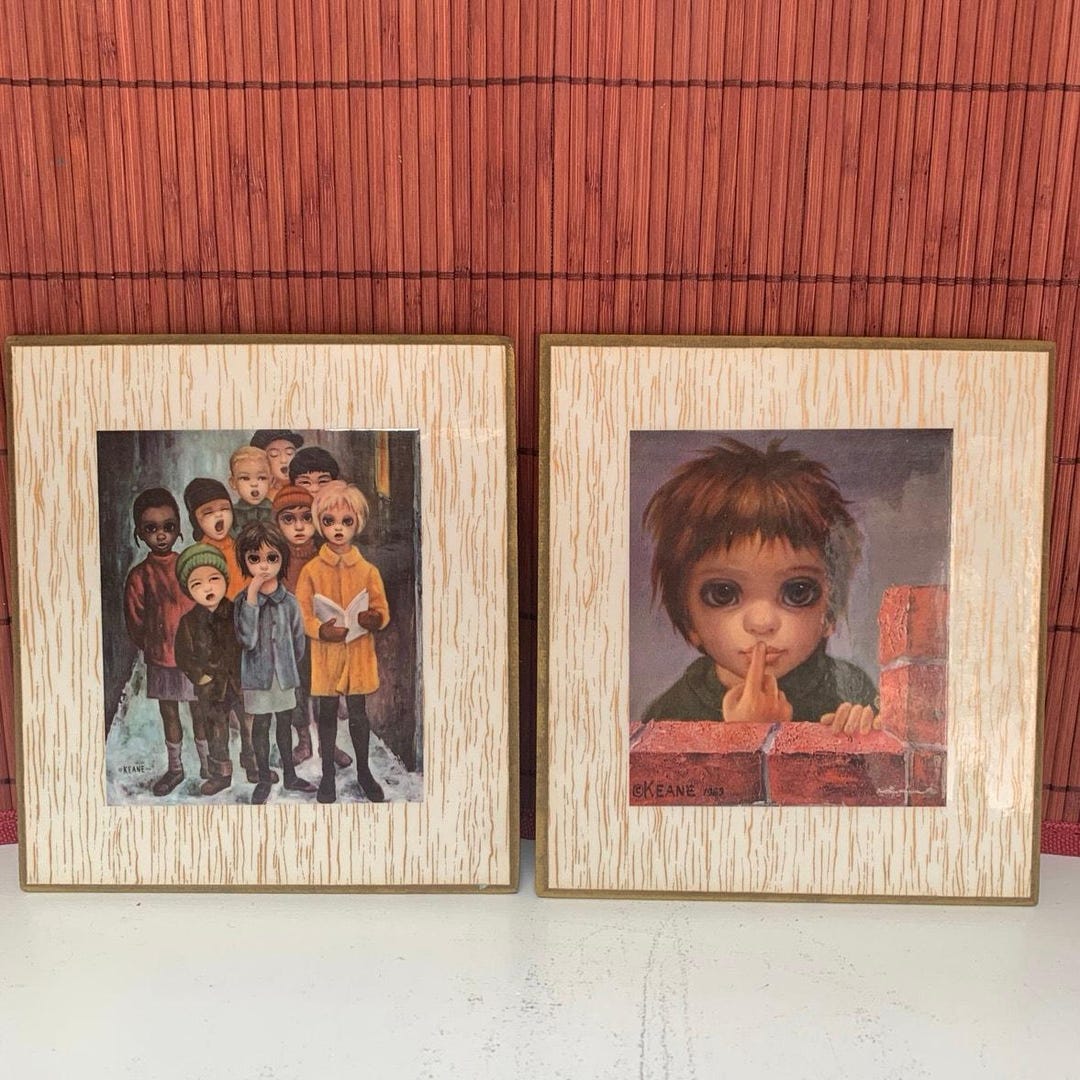 2 Margaret Keane BIG EYES 1960’s Wood Wall Art the Whisper (1963) and Peace on Earth (1961) 5 1 ...