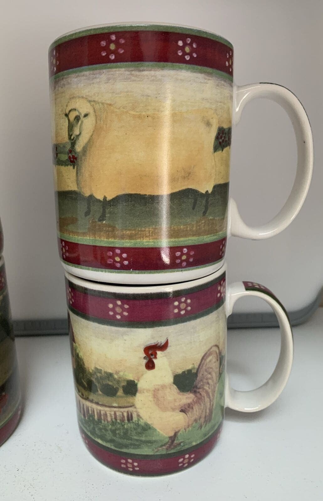 Set of 4 BLOCK Country Farm by Gear 1995 Mugs Farmhouse Cow Pig Sheep ...