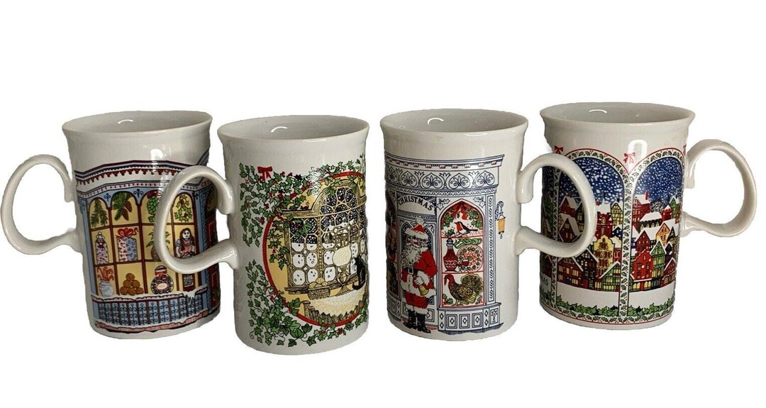 Dunoon Mugs Scotland Christmas Holiday Sue Scullard Lot of 4 Coffee Tea ...