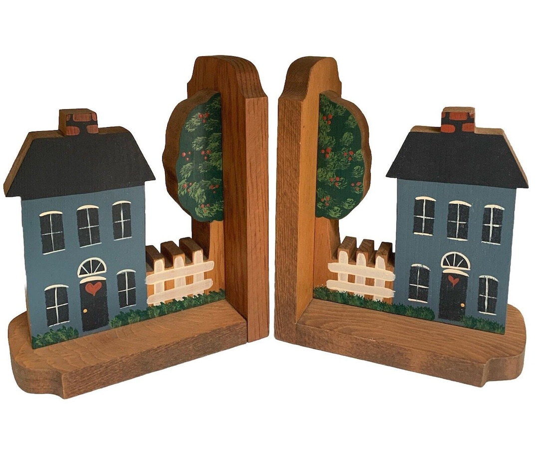 Vintage Wood Country Folk Art Bookends Fishing Village Town Houses Hand ...