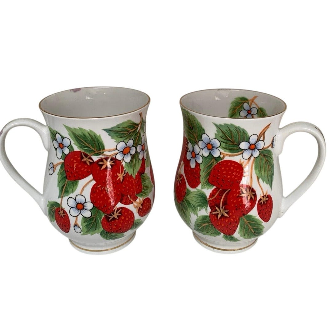 Beautiful Porcelain Strawberry Coffee Tea Mugs Set of 2 - Etsy