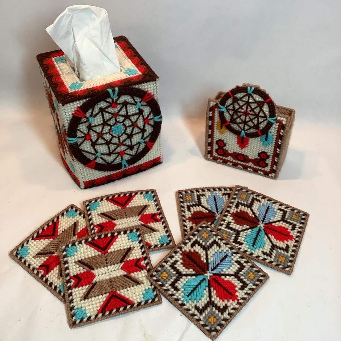 Needlepoint Plastic Canvas Tissue Box Cover Coaster Set Aztec Southwest ...