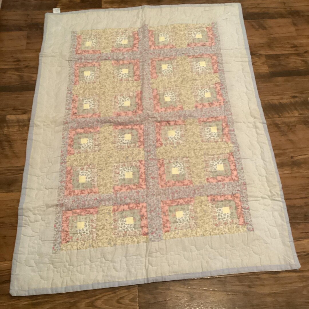Log Cabin Crib Quilt Pastel Calico Ticking Duck Flower Stitched Border ...