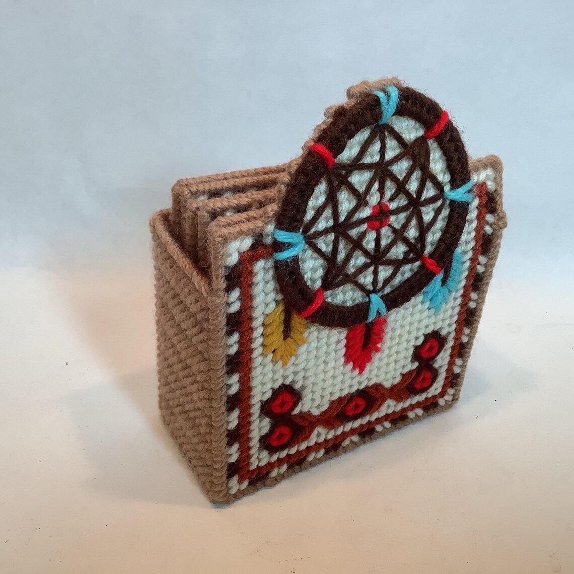 Needlepoint Plastic Canvas Tissue Box Cover Coaster Set Aztec Southwest ...