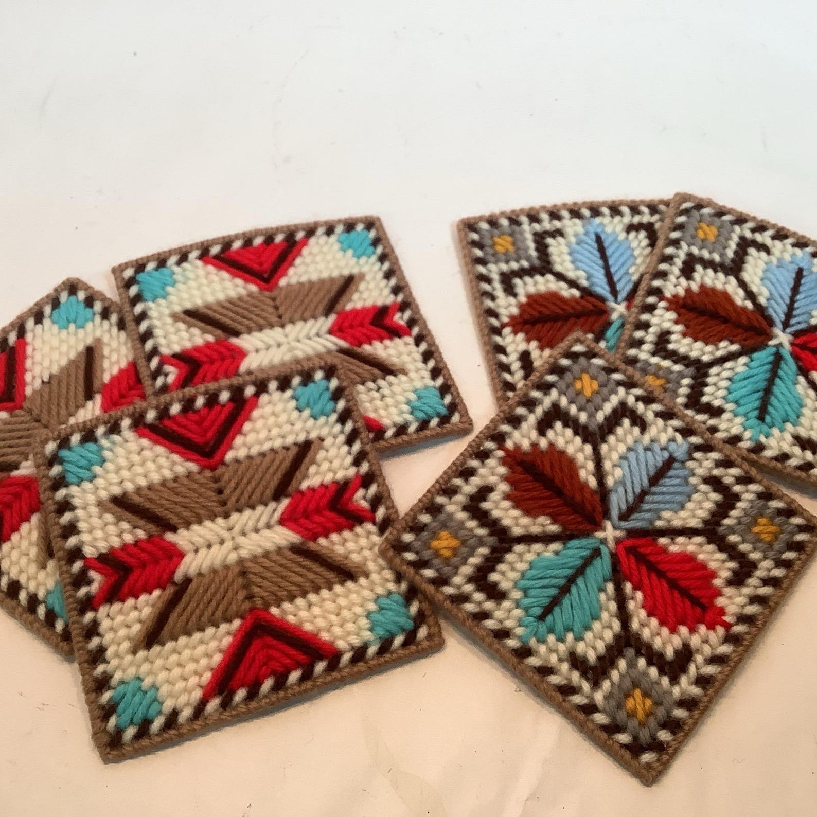Needlepoint Plastic Canvas Tissue Box Cover Coaster Set Aztec Southwest ...