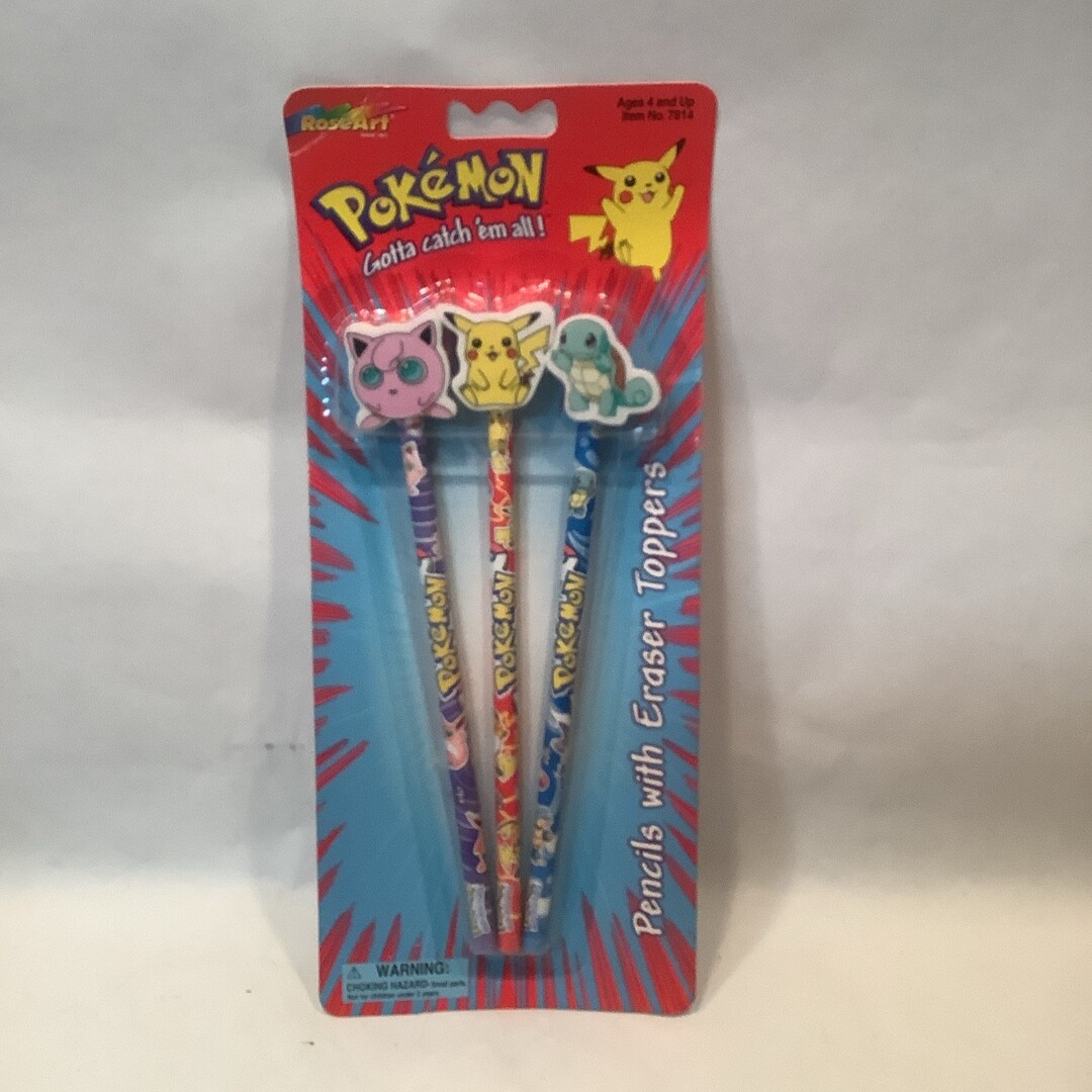 Pokemon Pencil & Erasers 3-pack Pikachu Squirtle Jigglypuff 1999 New ...