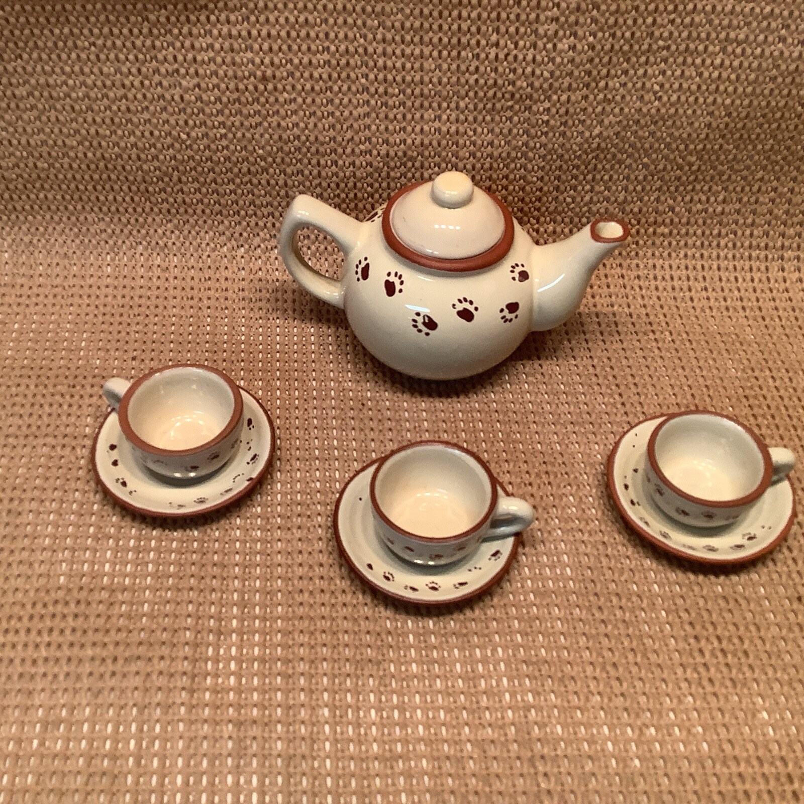 Bearware Pottery Mini Tea Set Cream W/ Paw Prints Boyds Bears Ceramic 8 ...