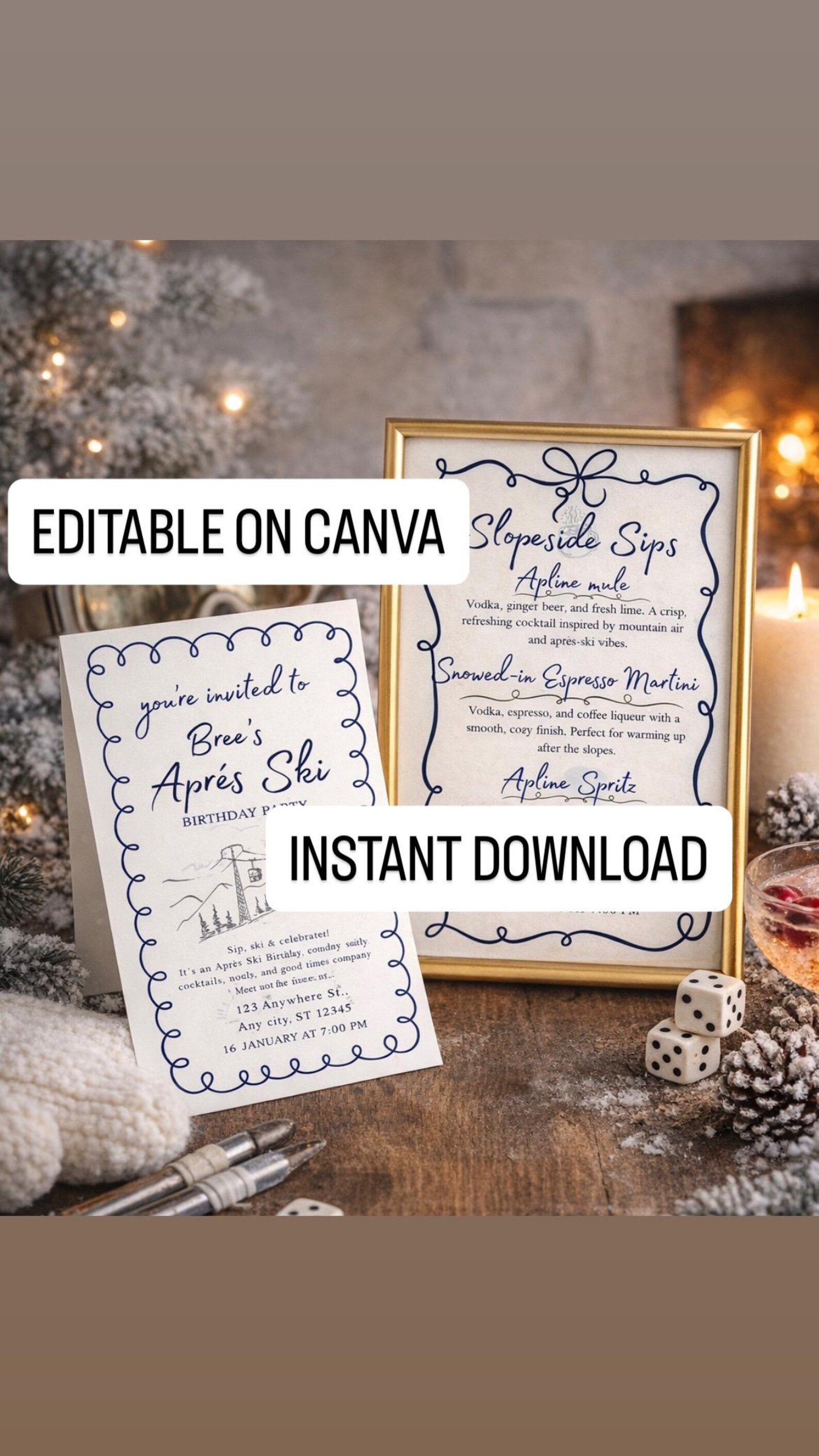Après Ski Birthday Invitation & Drink Menu Bundle | Winter Ski Lodge ...