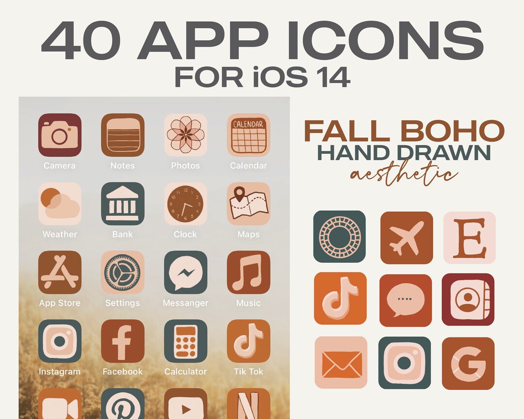 Boho Fall Aesthetic iPhone Ios14 App Icons | 40 App Pack | Autumn ...