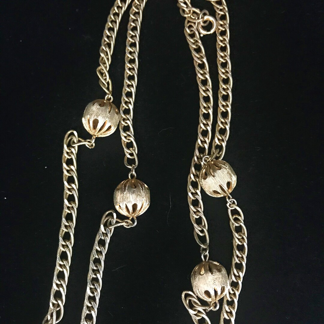 Vintage Long Antiqued Gold Chain & Filigree Bead Necklace// Long ...