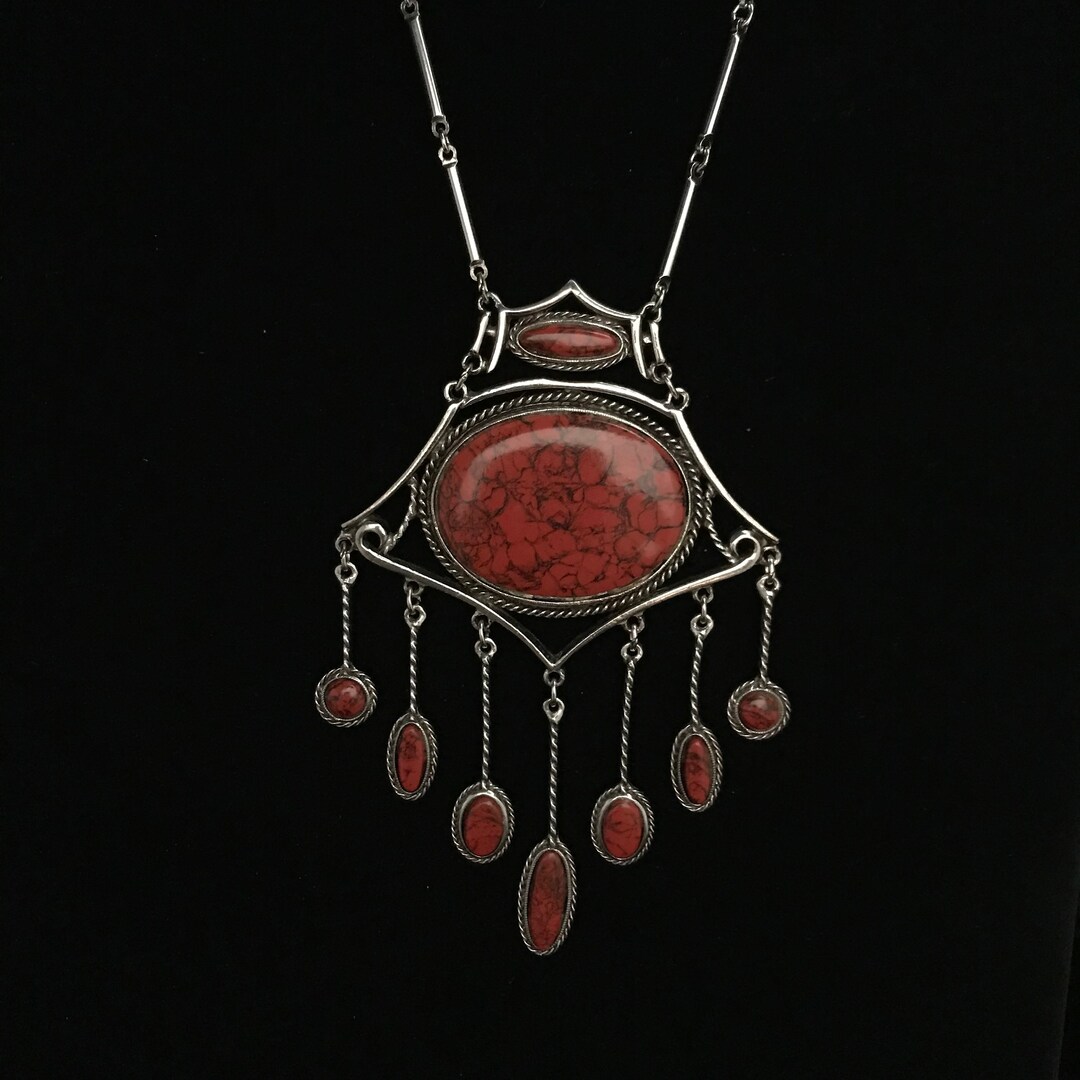 Vintage Silver,faux Red Turquoise Necklace//multiple Dangles Necklace ...