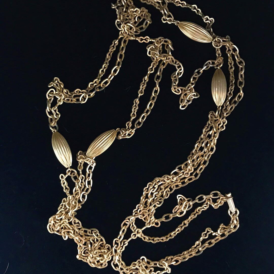Vintage Long Gold Chain Necklace//multi Chain&fluted Bead Gold Necklace ...