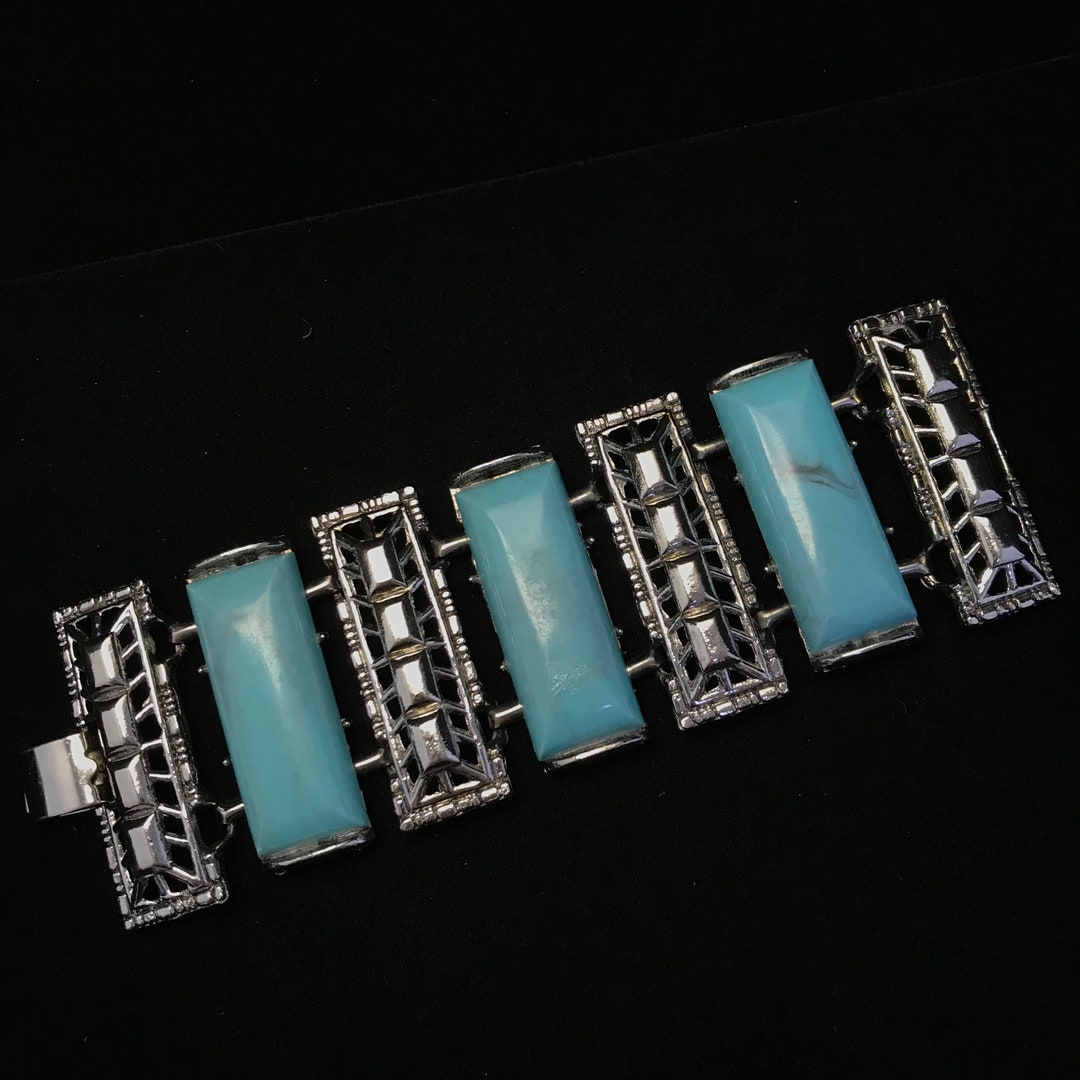 Vintage Faux Turquoise Cocktail Cuff Bracelet: Mid-century Silvertone ...