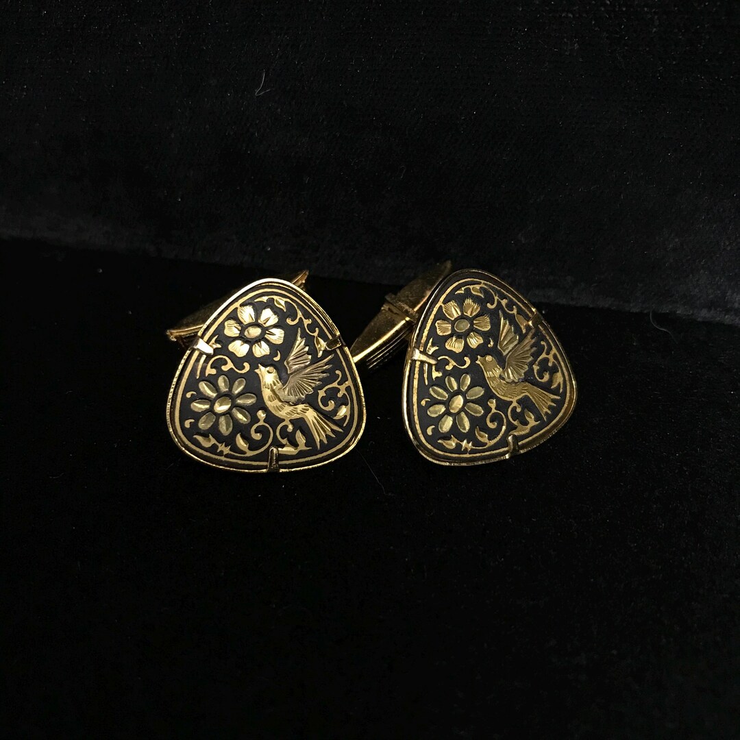 Vintage Damascene Cuff Links//vintage Black & Gold Enamel Cuff Links ...