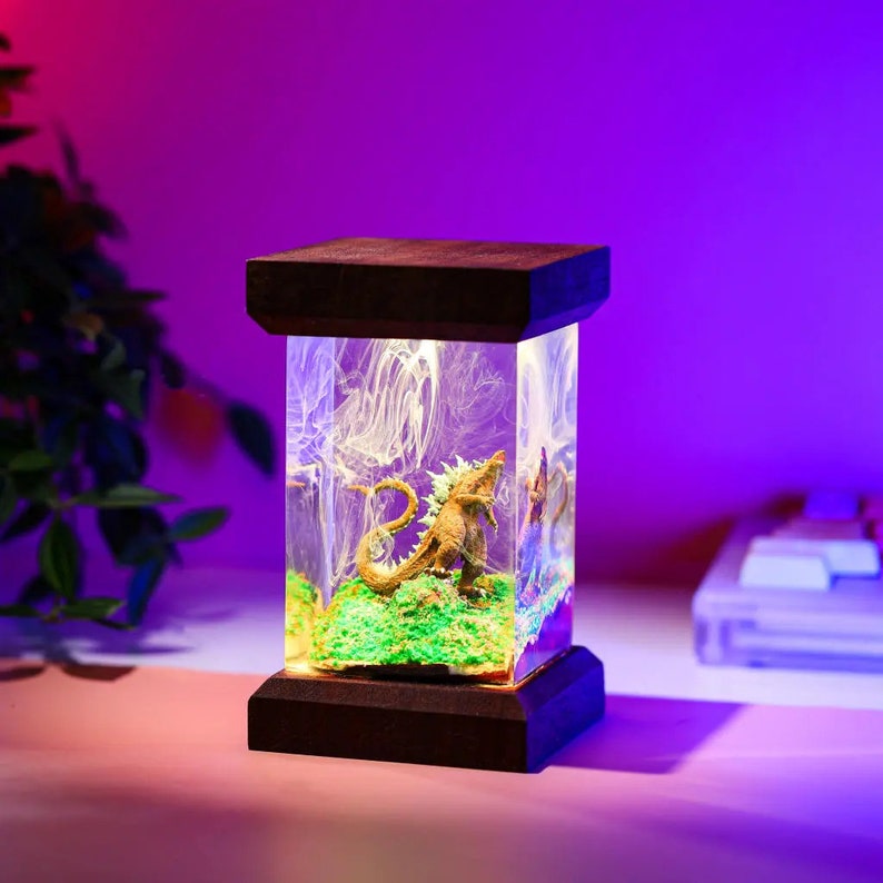 GODZILLA Epoxy Resin Wood Lamp Night Light Unique Her Him Mom Dad Kid ...