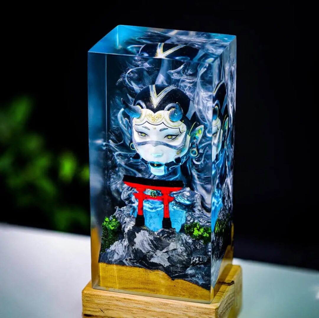 Girl Oni Mask and Torii Gate Epoxy Resin Wood Lamp Night Light Unique ...