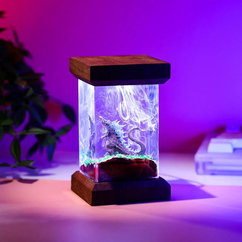 GODZILLA Epoxy Resin Wood Lamp Night Light Unique Her Him Mom Dad Kid ...