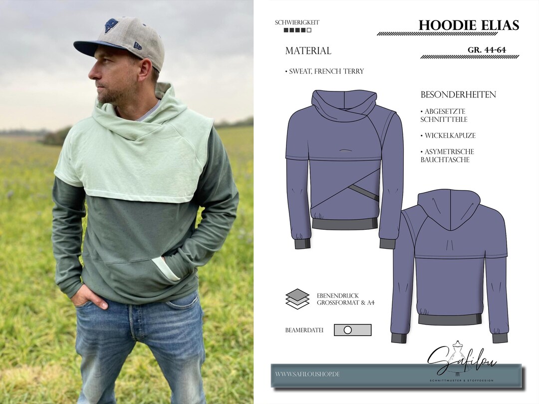 PDF Sewing Pattern Hoodie Elias size 44-64 Modern Men's Hoodie With ...