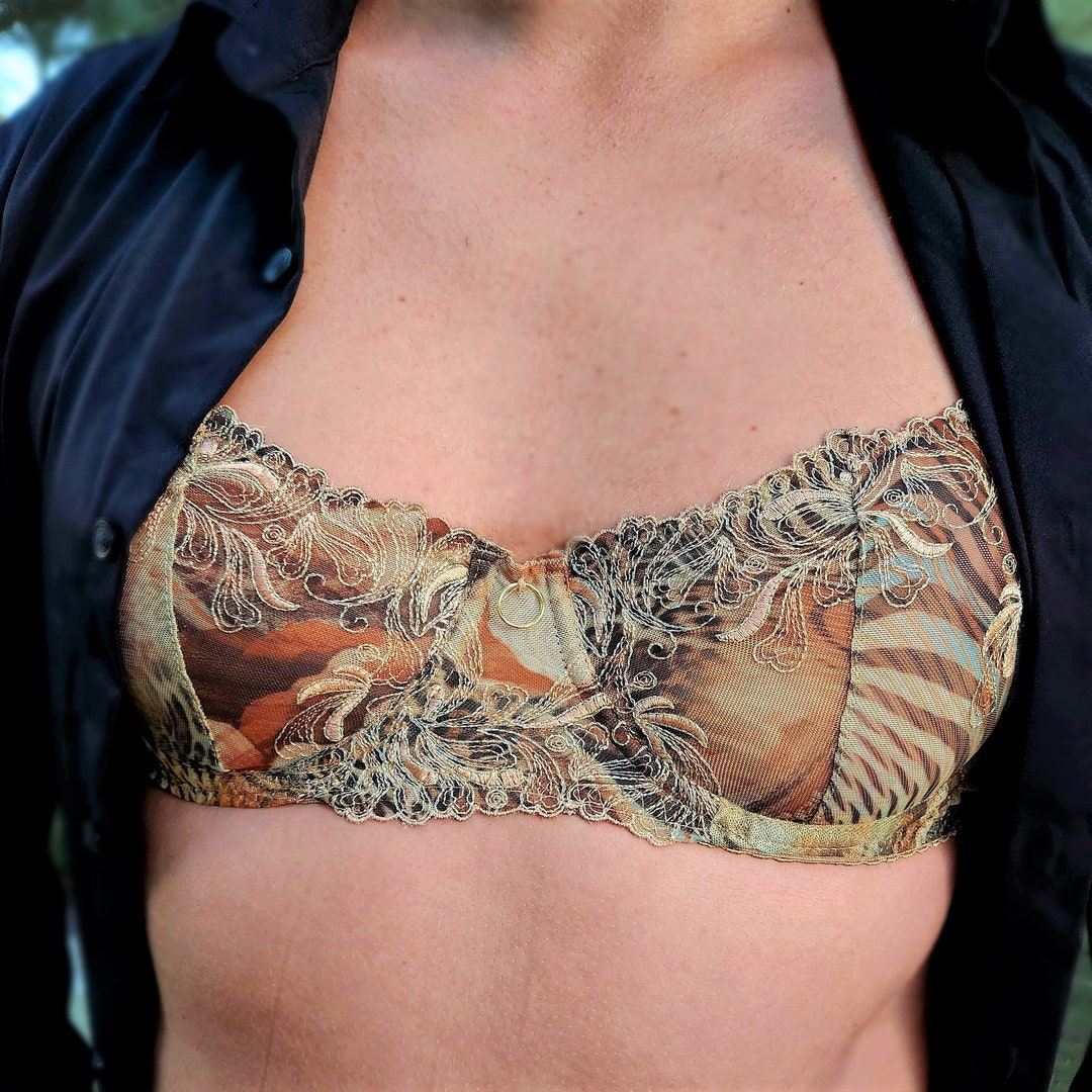 Mesh Lace Bra For A Man Feminine Brown Beige Cheetah Lingerie Cross Dresser Naturally Fitting