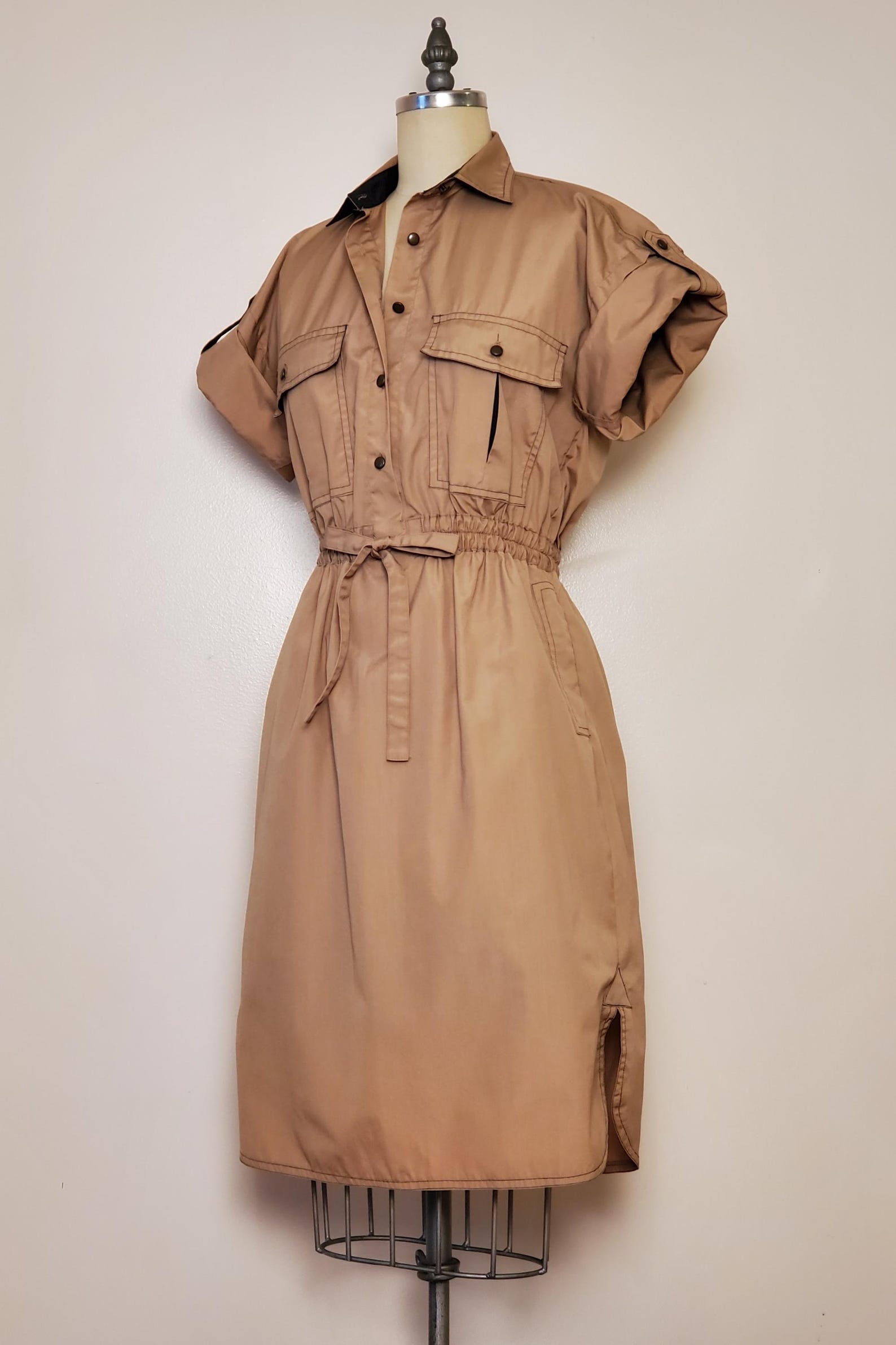1980's Safari Style Day Dress || Easy Fit || Khaki & Navy || Size ...