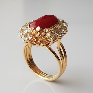 18K Gold Red Coral Ring - Aka Coral Ring Gold, Red Coral Ring for Women ...