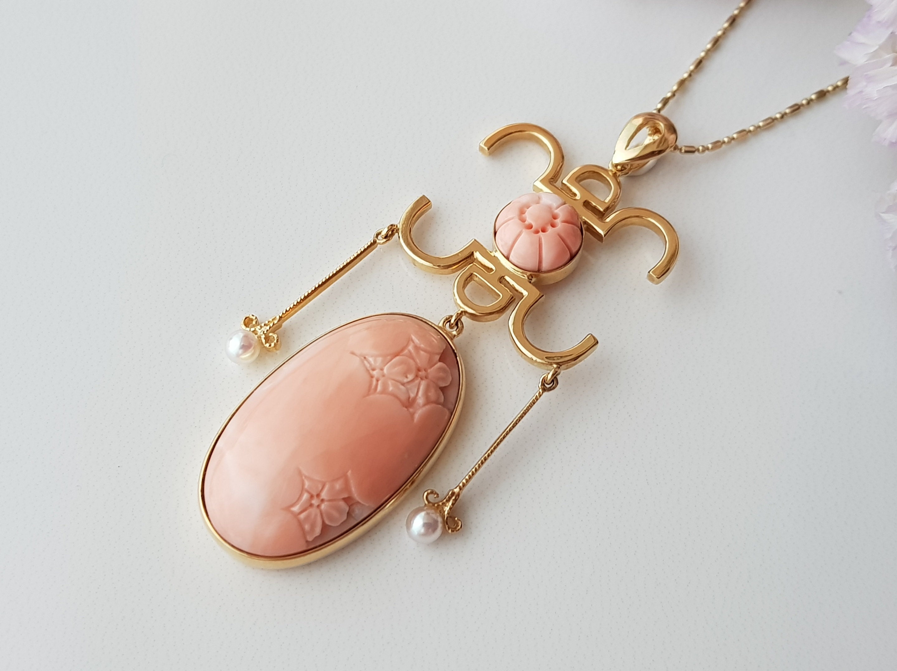 18K Gold Angel Skin Coral Pendant Angel Skin Coral Necklace - Etsy