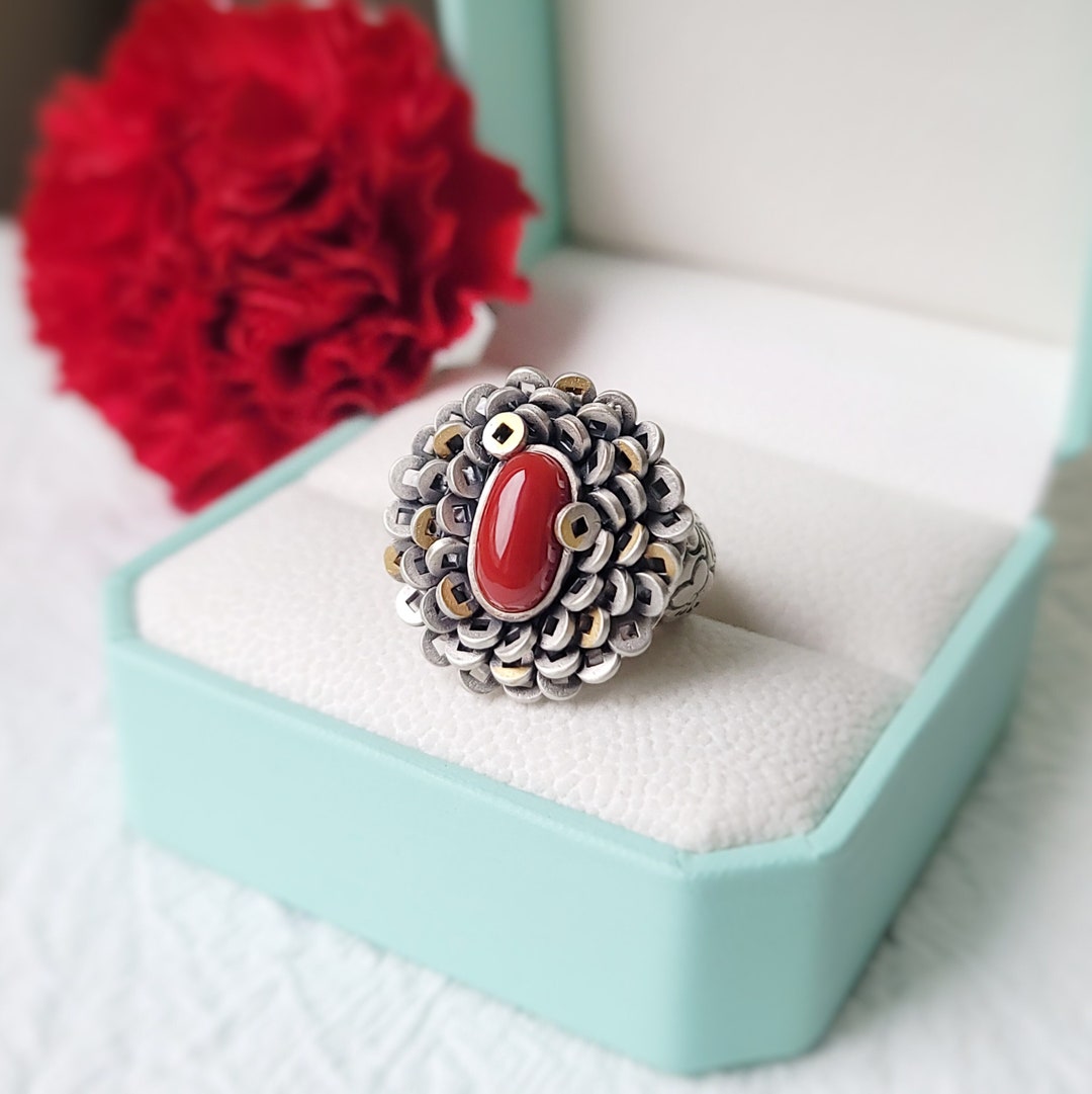 Lucky Fortune Ring Natural Aka Red Coral, 925 Sterling Silver, Handmade ...