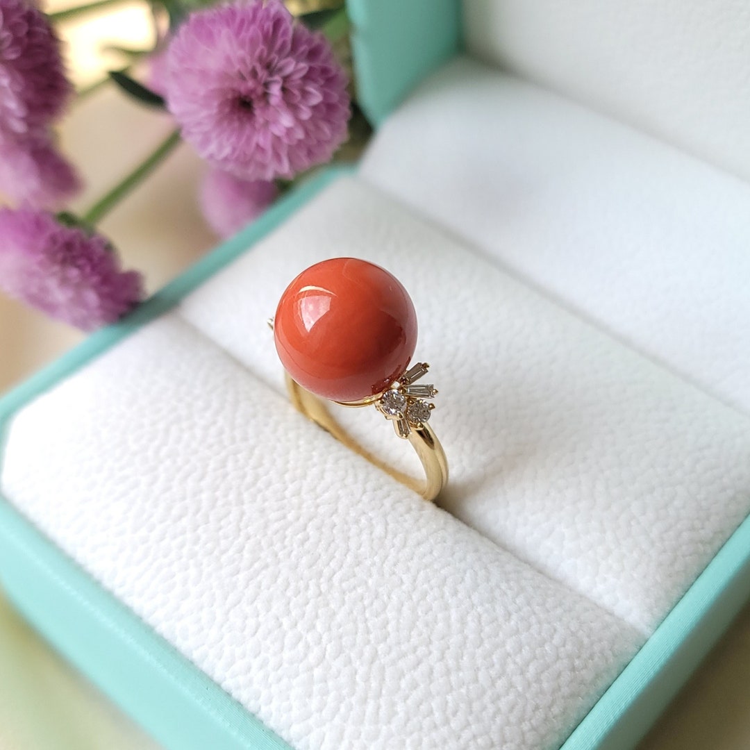 Momo Coral Diamond Ring 18K Yellow Gold Top Quality Round - Etsy