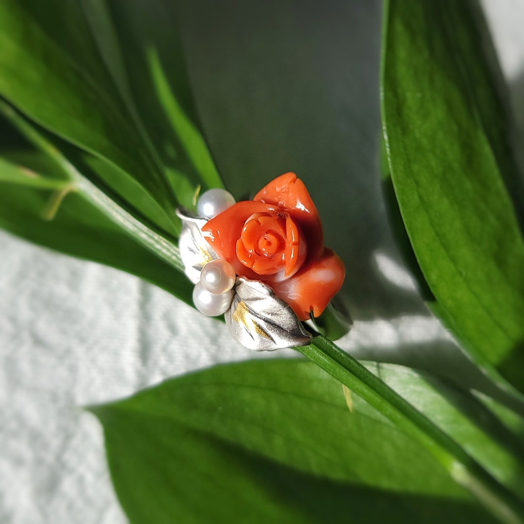 Momo Rose Coral Ring Natural Hand Carved Momo Coral, Freshwater Pearls ...